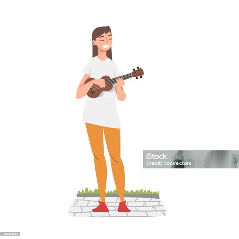 우쿨렐레 라이브 퍼포먼스 컨셉 만화 스타일 벡터 일러스트레이션을 연주하는 여성 스트리트 뮤지션 캐릭터 거리에 대한 스톡 벡터