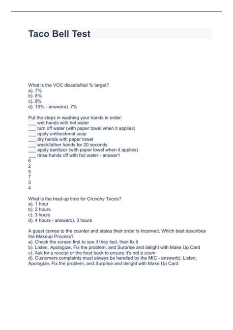 Taco Bell Test 1 Question And Answers 100 Correct Taco Bell Stuvia Us