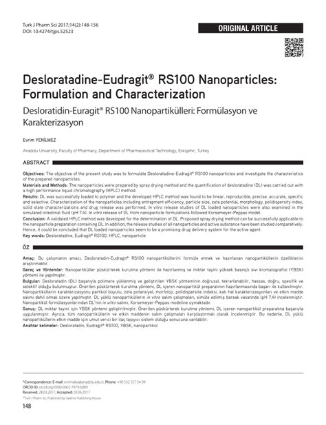 Pdf Desloratadine Eudragit® Rs100 Nanoparticles Formulation And Characterization