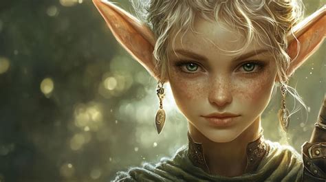 A Beautiful Female Elf With Long Blonde Hair Pointed Ears And Green