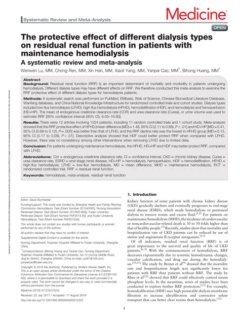 Pdf The Protective Effect Of Different Dialysis Types On Residual Renal Function In Patients