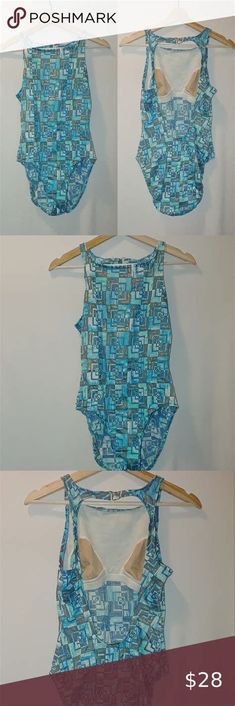 Jantzen Vintage One Piece Swimsuit High Neck Open Back 80s Green Blue