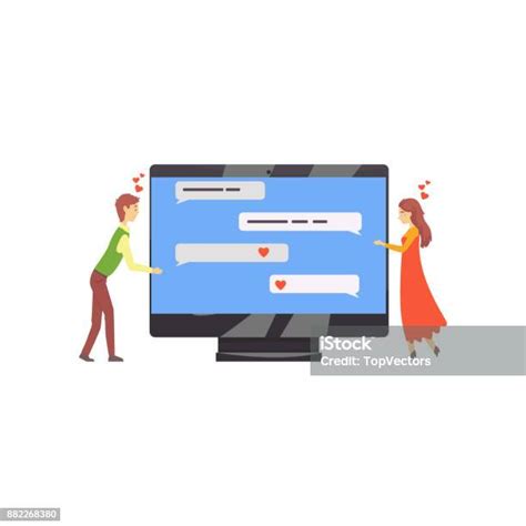 온라인 데이트 서비스 또는 웹사이트 개념 채팅에서 이야기 하는 사람들과 남자 고 여자 컴퓨터 화면 근처 서입니다 평면 스타일에 벡터 개념에 대한 스톡 벡터 아트 및 기타