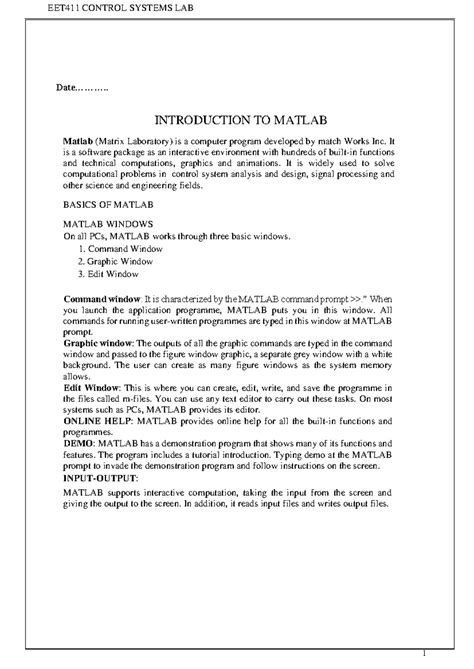 Eel411 Control Systems Lab Date Introduction To Matlab Matlab Matrix Laboratory