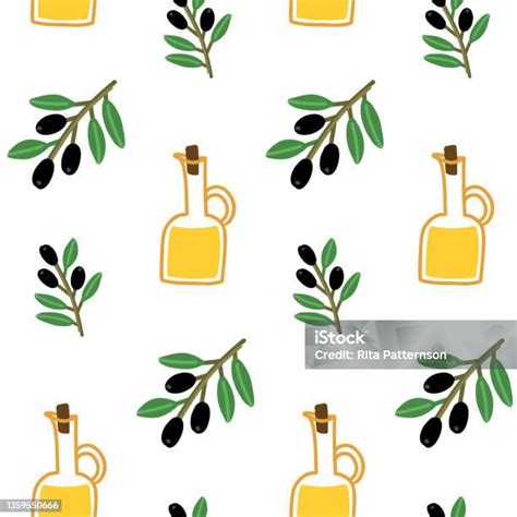 올리브 나뭇 가지 및 식물성 기름과 이탈리아의 원활한 패턴 주방 벽지 직물 포장 용지에 적합 건강한 식생활에 대한 스톡 벡터 아트 및 기타 이미지 Istock