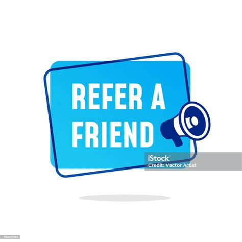 메가폰 아이콘이 있는 친구 벡터 레이블 디자인을 참조하십시오 인터넷 마케팅 홍보 배너에 대한 현대 모습 스타일 일러스트 친구에게 추천하세요에 대한 스톡 벡터 아트 및 기타