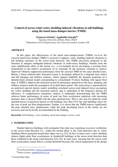 Pdf Control Of Across Wind Vortex Shedding Induced Vibrations In Tall Buildings Using The
