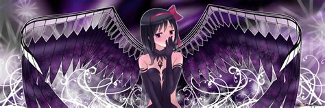 Anime Girl Homura Akemi Posing In Black Dress With Big Wings 2k