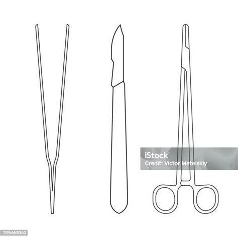 수술 기구 의료 용 메스 클램프 집게 또는 핀셋 라인 아이콘 수술 기호입니다 벡터 그림입니다 가위에 대한 스톡 벡터 아트 및