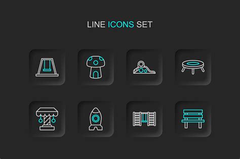 세트 라인 벤치 스웨덴 벽 로켓 우주선 장난감 어트랙션 회전 목마 점프 트램펄린 슬라이드 놀이터 버섯 집 및 어린이 아이콘을위한 스윙 벡터 0명에 대한 스톡 벡터 아트 및