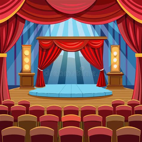 Theater Stage With Red Curtains Spotlights And Empty Seats Rows