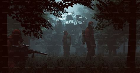 위험물질 슈트를 입은 남자들은 미래형 Ai 전투 드로이드 사이보그 기계와 빛나는 렌즈를 가지고 빛의 광선으로 숲이 우거진 공터에