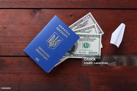 우크라이나어 생체 인식 여권 그리고 달러입니다 종이 비행기 그리고 나무 배경에 국제 여권입니다 돈 고 해외 여행에 대 한 문서입니다 이민 서류 100 달러 지폐 미국 지폐
