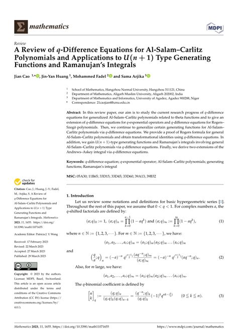 Pdf A Review Of Q Difference Equations For Al Salam Carlitz Polynomials And Applications To U