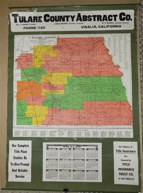 Vintage 1943 Tulare County Wall Map Tc Abstract Company Advertising