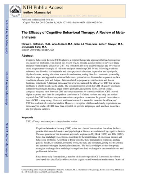 Pdf The Efficacy Of Cognitive Behavioral Therapy A Review Of Meta