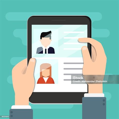 인적 자원 관리 전문 연구 돋보기와 헤드 헌터 직업의 개념은 벡터 남성과 여성의 얼굴 애플 리 케이 션 순서에 대한 스톡 벡터