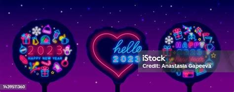 안녕하세요 2023 네온 스트리트 광고판 컬렉션입니다 새해 복 많이 받으세요 서클 레이아웃 광고 세트 벡터 스톡 일러스트 형광색의에 대한 스톡 벡터 아트 및 기타 이미지