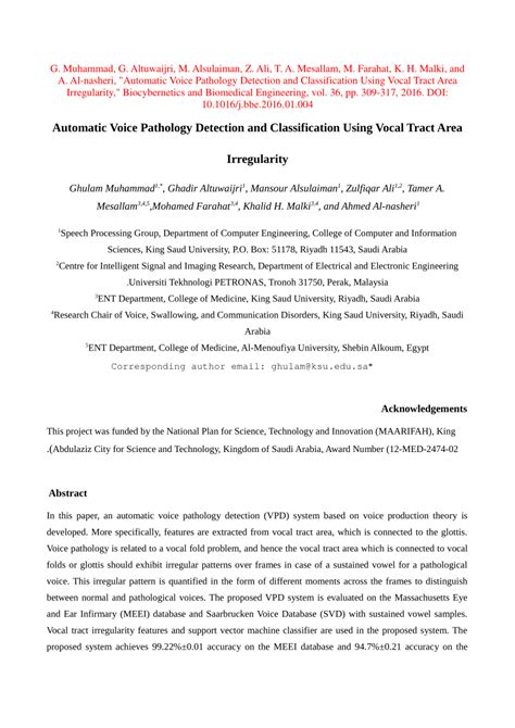 Pdf Automatic Voice Pathology Detection And Classification Using Vocal Tract Area Irregularity