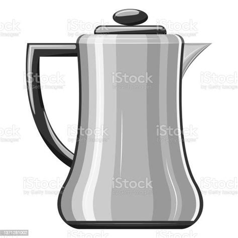 뜨거운 음료를 마실 수 있는 주전자 모양의 넓은 케이스 커피 포트 차 기구 코코아 뜨거운 물 주방 용품 모형 착색 벡터 플랫 만화 회색 고립 0명에 대한 스톡 벡터 아트 및
