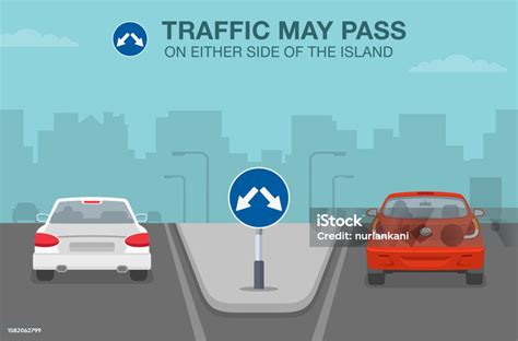 안전 운전 요령 및 교통 규제 규칙 교통은 섬의 양쪽이나 장애물을 통과할 수 있습니다 도시 고속도로의 교통 흐름의 뒷모습 개체 그룹에 대한 스톡 벡터 아트 및 기타 이미지