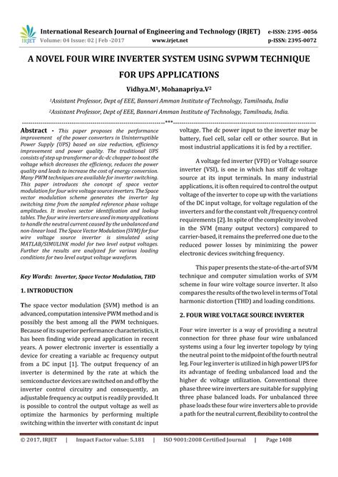 A Novel Four Wire Inverter System Using Svpwm Technique For Ups Applications Pdf