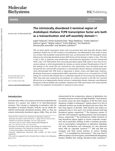 Pdf The Intrinsically Disordered C Terminal Region Of Arabidopsis Thaliana Tcp8 Transcription