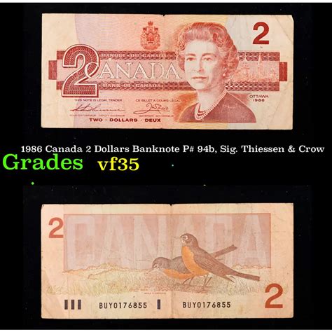 1986 Canada 2 Dollars Banknote P 94b Sig Thiessen And Crow Grades Vf