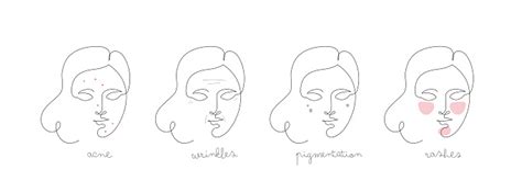 피부 타입 인포그래픽 벡터 한 줄 현대 그림 세트입니다 여드름 주름이 있는 여성 얼굴 아바타 색소 침착 발진 문제 색상 기호는