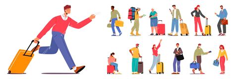 바쁜 공항과 역을 탐색하는 여행가방을 들고 서두르는 여행자 캐릭터 세트는 운동 목적과 여행 준비 상태를 표현하는 만화 인물 벡터 그림 프리미엄 벡터