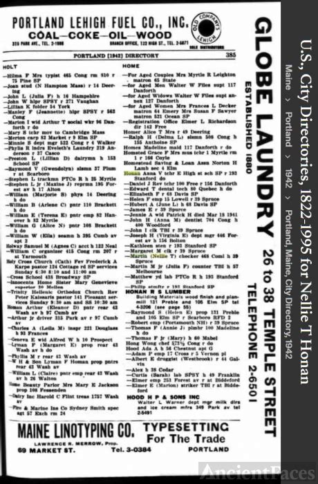 Ellen Theresa Brogan Honan U S City Directories 1822 1995 1942