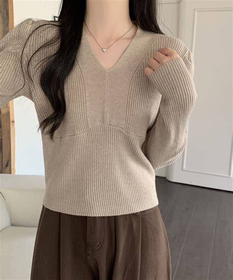 4colors 브이넥 골지 니트탑 V넥 퍼프 긴소매 솔리드 단색 골지 절개 슬림핏 베이직 풀오버 니트티 겨울 안에입는 이너니트 이너티 기본 캐주얼 출근룩 입기편한 데일리룩