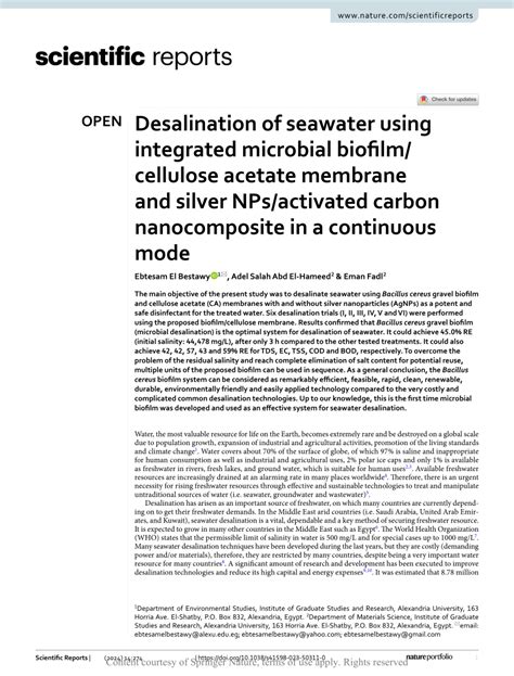 Pdf Desalination Of Seawater Using Integrated Microbial Biofilm