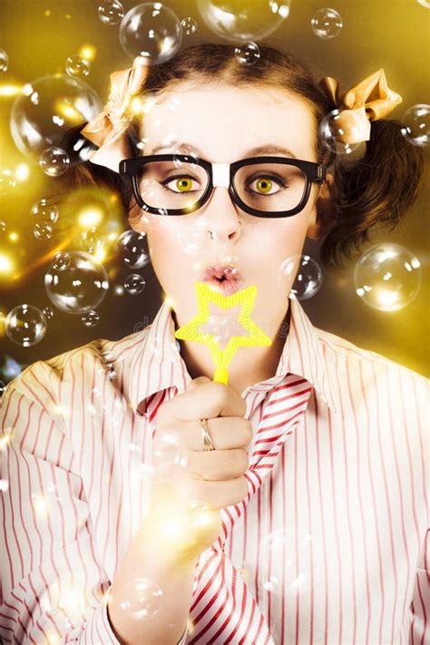 Female Nerd Blowing Bubbles Of Business Success Stock Image Image Of