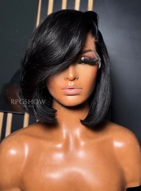 Short Side Part Wavy Bob Cut With Bangs Jet Black Lace Front Wigs