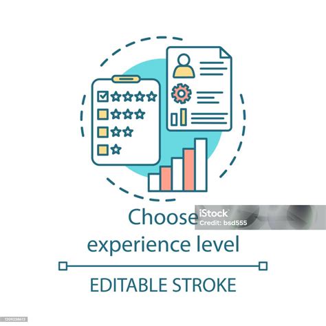 경험 수준 개념 아이콘을 선택합니다 성공 아이디어 얇은 라인 그림의 수준입니다 피드백 직원 평가 이력서 만족도 수준 및 비평가 벡터 절연 윤곽선 도면 편집 가능한 스트로크