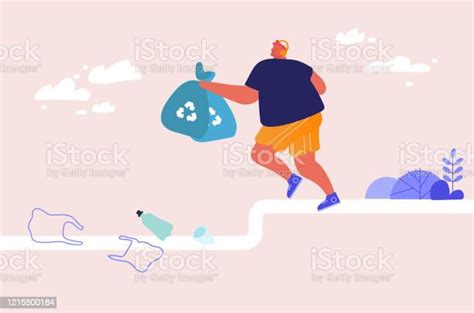 남성 스포츠 캐릭터 페깅 개념 헤드셋을 착용 한 런닝 맨은 쓰레기와 조깅을 하고 재활용 환경 보호를 위해 플라스틱 쓰레기를 수거합니다 만화 벡터 일러스트레이션 가방에 대한