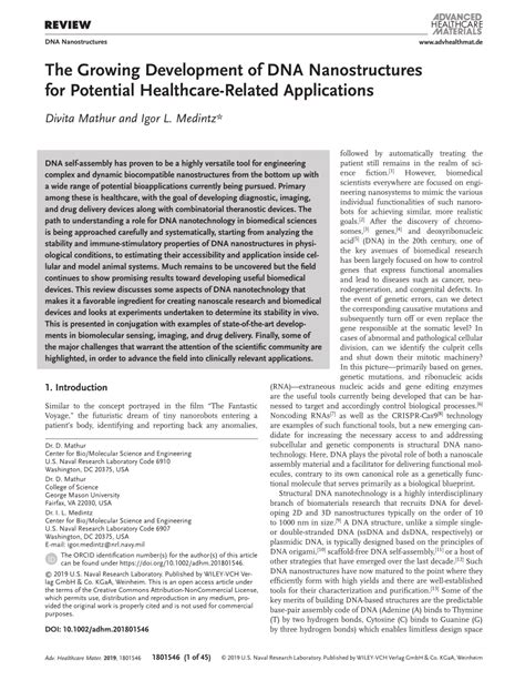 Pdf The Growing Development Of Dna Nanostructures For Potential Healthcare‐related Applications