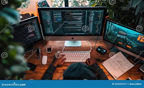 Software Developer Working On Code In Dual Monitor Setup Aig41 Stock