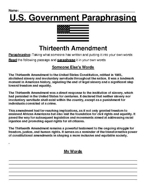 Us Government Thirteenth Amendment Paraphrasing Worksheet Classful