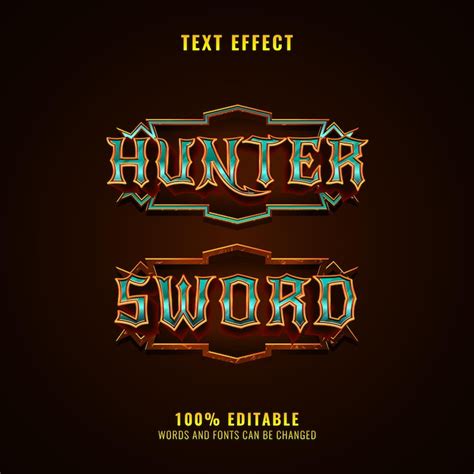 프레임이 있는 헌터와 칼 판타지 중세 롤 플레잉 게임 로고 텍스트 효과 프리미엄 벡터