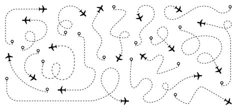 비행기 항로가 설정됩니다 평면 점선 경로 항공기 경로 점선 항공기 추적 비행기 및 위치 핀 출발점에서 평면 이동 벡터 일러스트 레이 션입니다 가리키기에 대한 스톡 벡터 아트