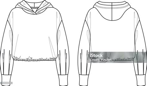 모인 옷자락 패션 Cad가있는 벡터 여성 스웨트 셔츠 더미 세부 사항 기술 도면 템플릿 스케치 플랫이있는 긴 소매 후드티 양털 또는 짠 직물 후드 전면 후면보기 흰색 색상