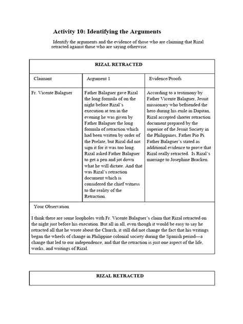 Activity 10 Identifying The Arguments Pdf History