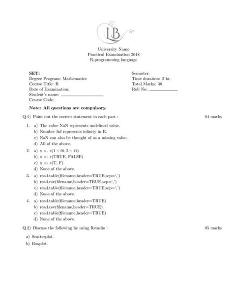 r programming language model test paper pdf