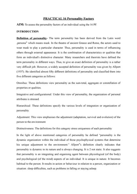 16 Pf Prac 16 Pf Test Practical 16 Personality Factors Aim To Assess The Personality