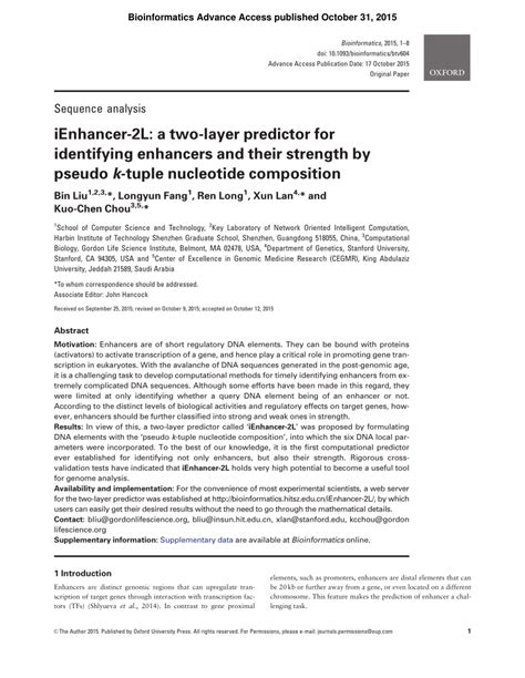 pdf ienhancer 2l a two layer predictor for identifying enhancers and