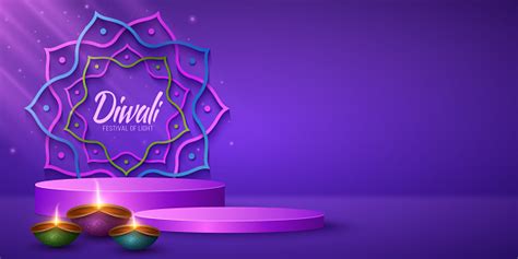 빛의 디왈리 축제를위한 전통적인 불타는 디야 램프가있는 연단 제품을 표시하기 위한 받침대 종이 컷 스타일 인도 만다라 3d 벡터 일러스트 레이 션 3차원 형태에 대한 스톡