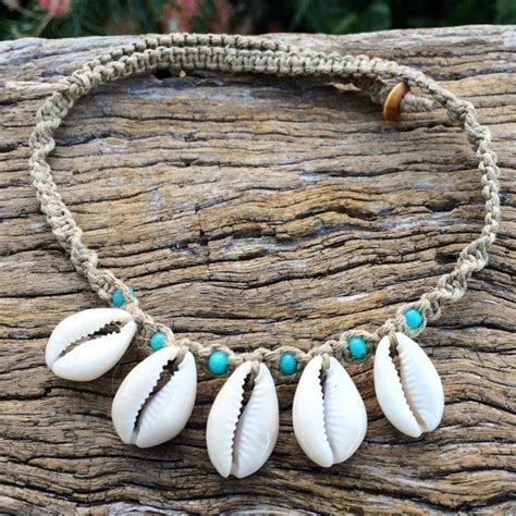 Handmade Hemp Macrame Shell Necklace With Cowrie Shells And Turquiose