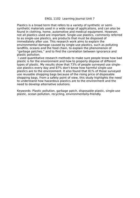 Engl 1102 Learning Journal Unit 7 Engl 1102 Learning Journal Unit 7 Plastics Is A Broad Term